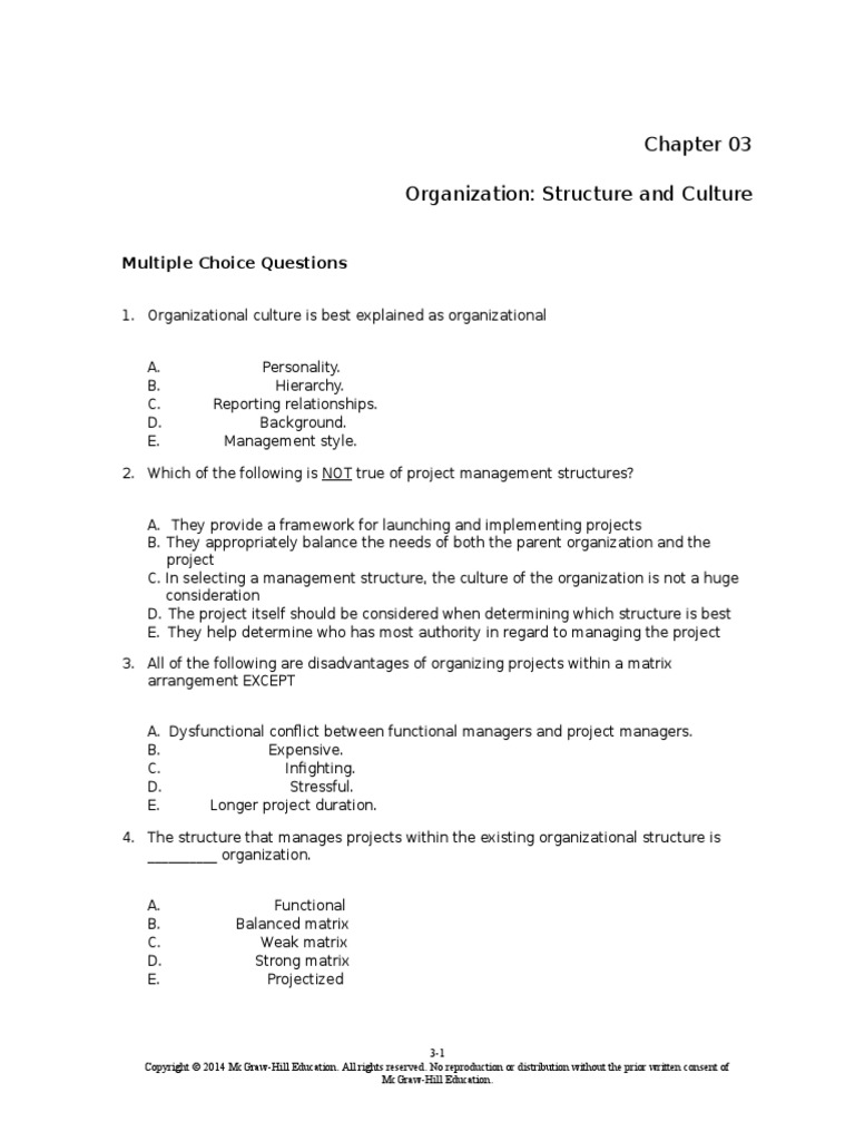 Organization: Structure and Culture: Multiple Choice Questions | PDF ...