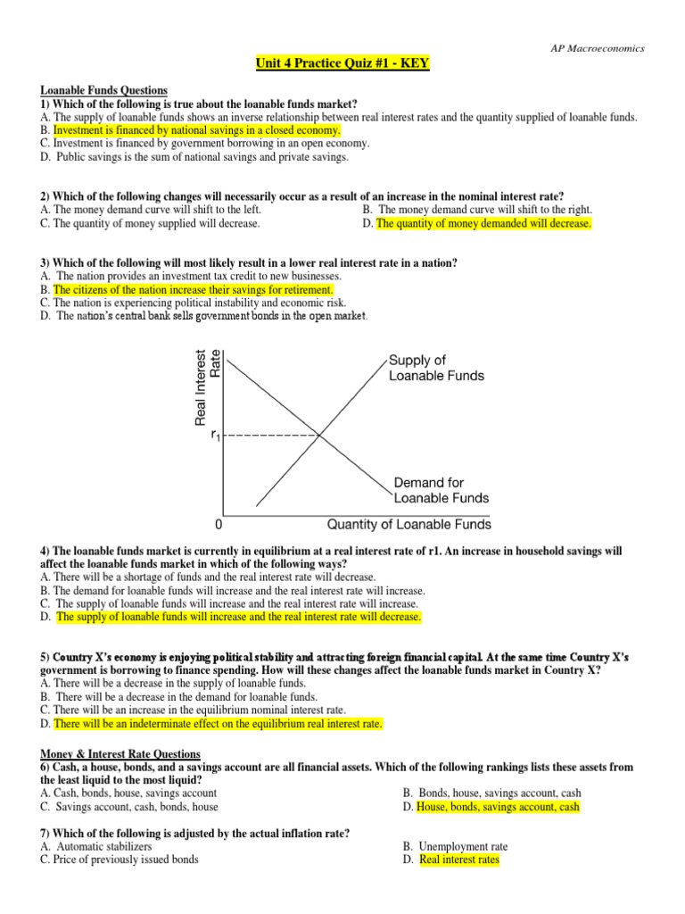 Unit 4 Practice Quiz #1 - KEY: AP Macroeconomics | PDF | Money Supply ...