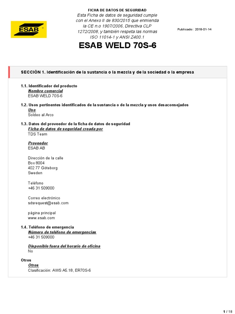 Ficha de Seguridad ESAB WELD 70S-6 | PDF | Cromo | Residuos
