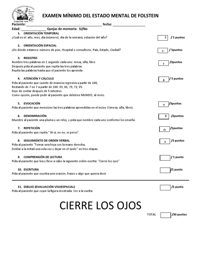 Examen Mínimo Del Estado Mental de Folstein | PDF | Sicología