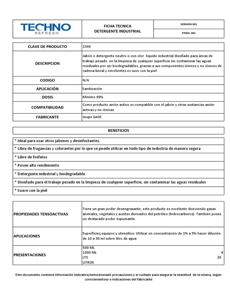 Ficha Técnica Jabón Liquido clifarma | PDF | Detergente | Tensioactivo