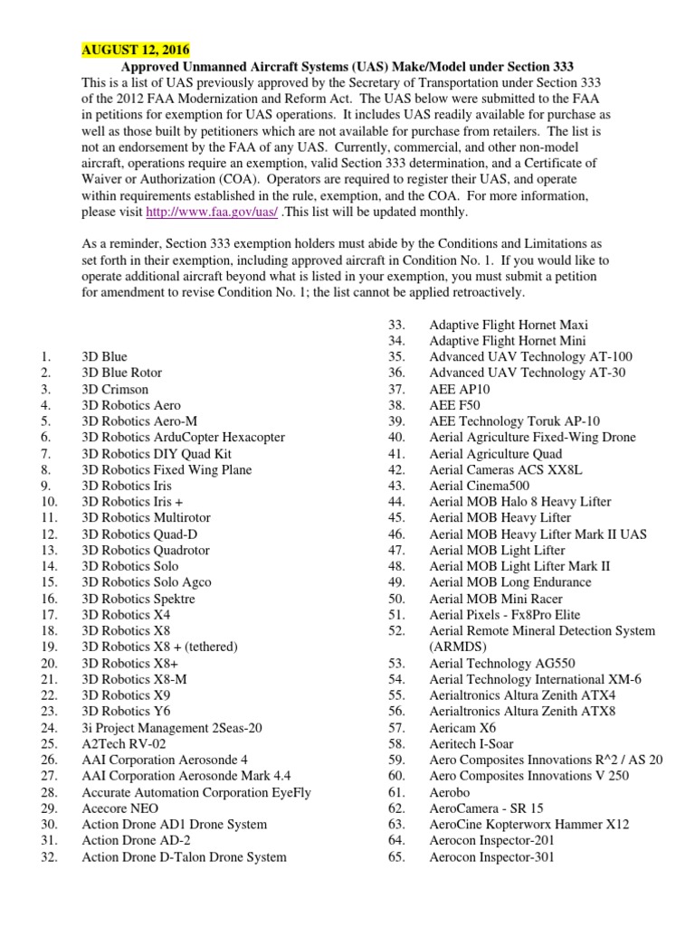 AUGUST 12, 2016 Approved Unmanned Aircraft Systems (UAS) Make/Model ...