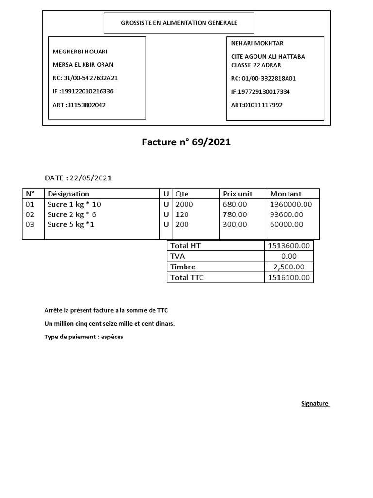 Facture Nehari Mokhtar 1kg 2kg 5 KG | PDF