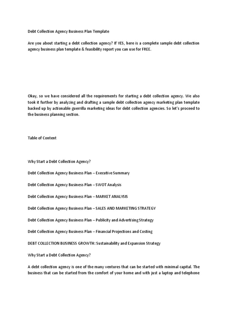 Debt Collection Agency Business Plan Template | PDF | Debt | Recession