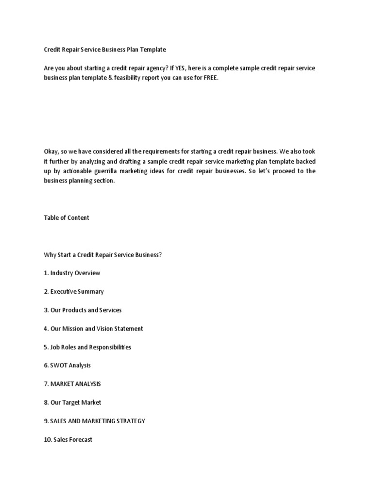 Credit Repair Service Business Plan Template | PDF | Credit History ...