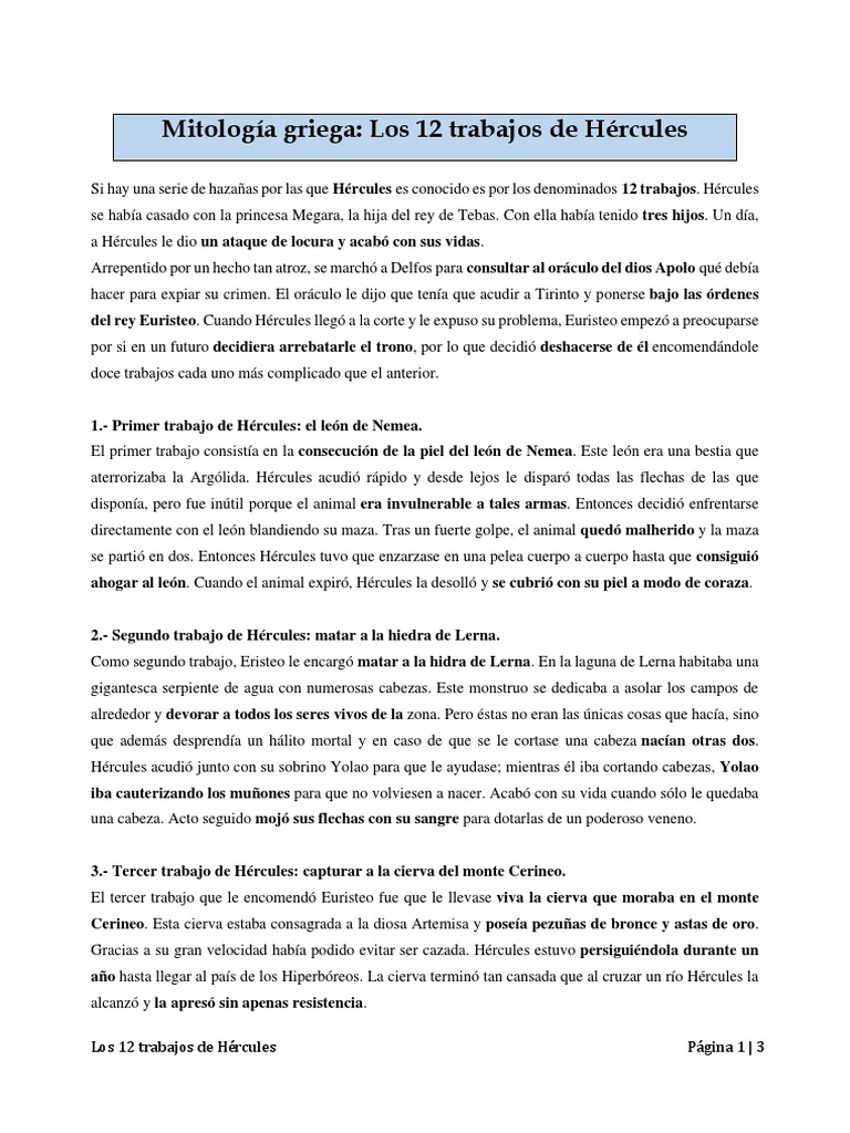 Los Doce Trabajos de Hércules | PDF | Mitología griega | Religión ...