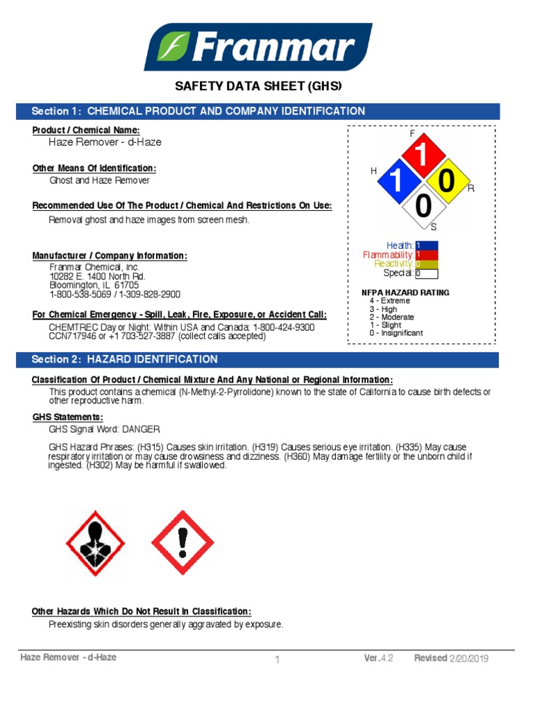 Safety Data Sheet (GHS) : Haze Remover - D-Haze | PDF | Toxicity ...