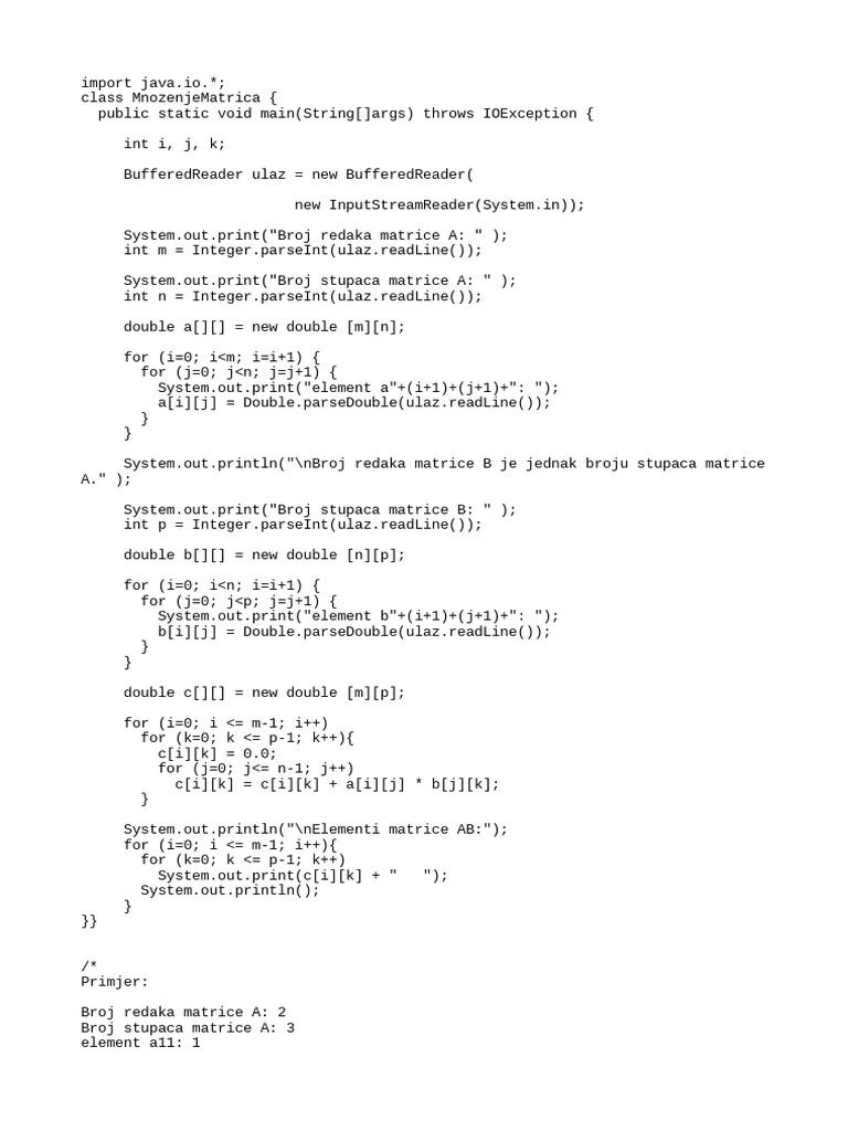 Mnozenje Matrica Java | PDF