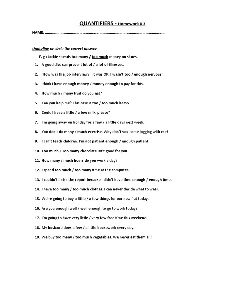 Quantifiers - : Underline or Circle The Correct Answer | PDF | Cooking, Food & Wine