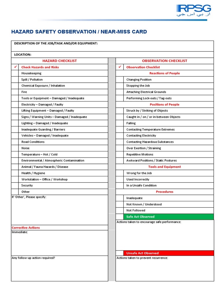 Hazard Safety Observation or Near-Miss Card | PDF