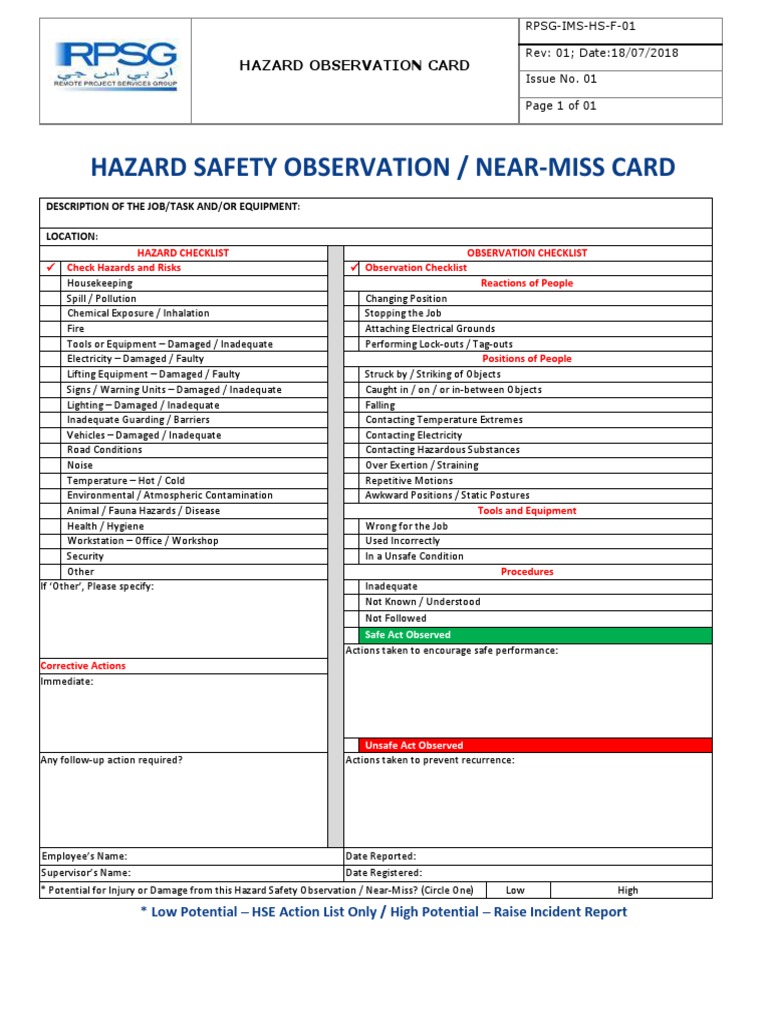 Hazard Observation Card Template | PDF | Hazards | Determinants Of Health