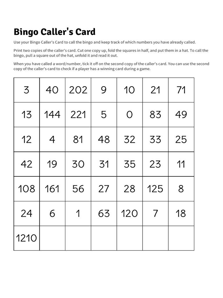 Bingo Caller's Card | PDF | Gambling Games | Games Of Chance
