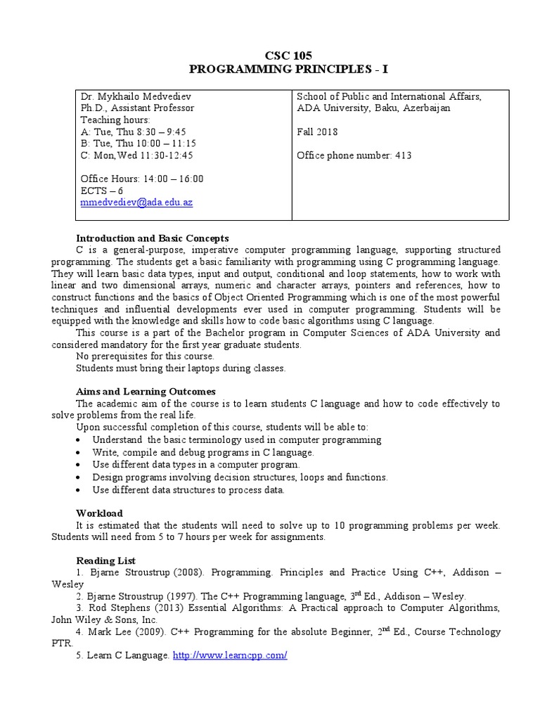 CSC 105 Programming Principles - I: Mmedvediev@ada - Edu.az | PDF | Pointer (Computer ...