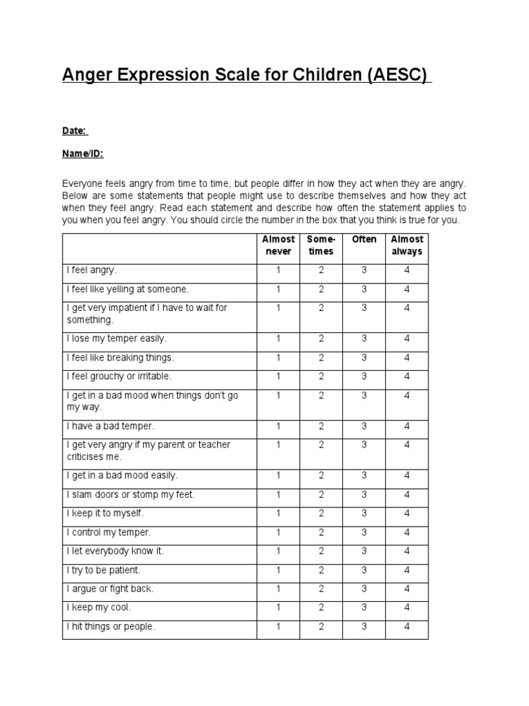 Anger Expression Scale For Children (AESC) | PDF | Anger Anger Expression Scale For Children (AESC) | PDF | Anger
