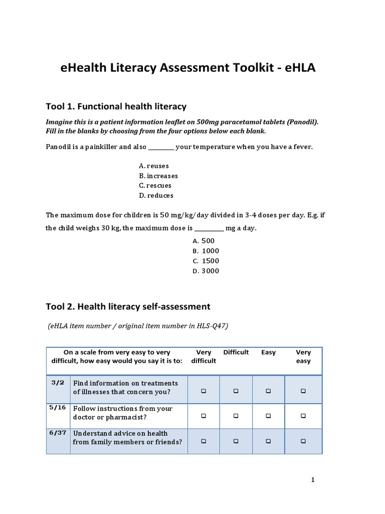 Ehealth Literacy Assessment Toolkit - Ehla: Tool 1. Functional Health ...