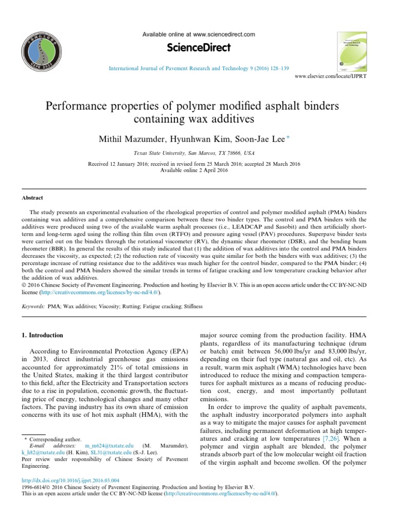 Performance Properties of Polymer Modified Asphalt Binders Containing ...
