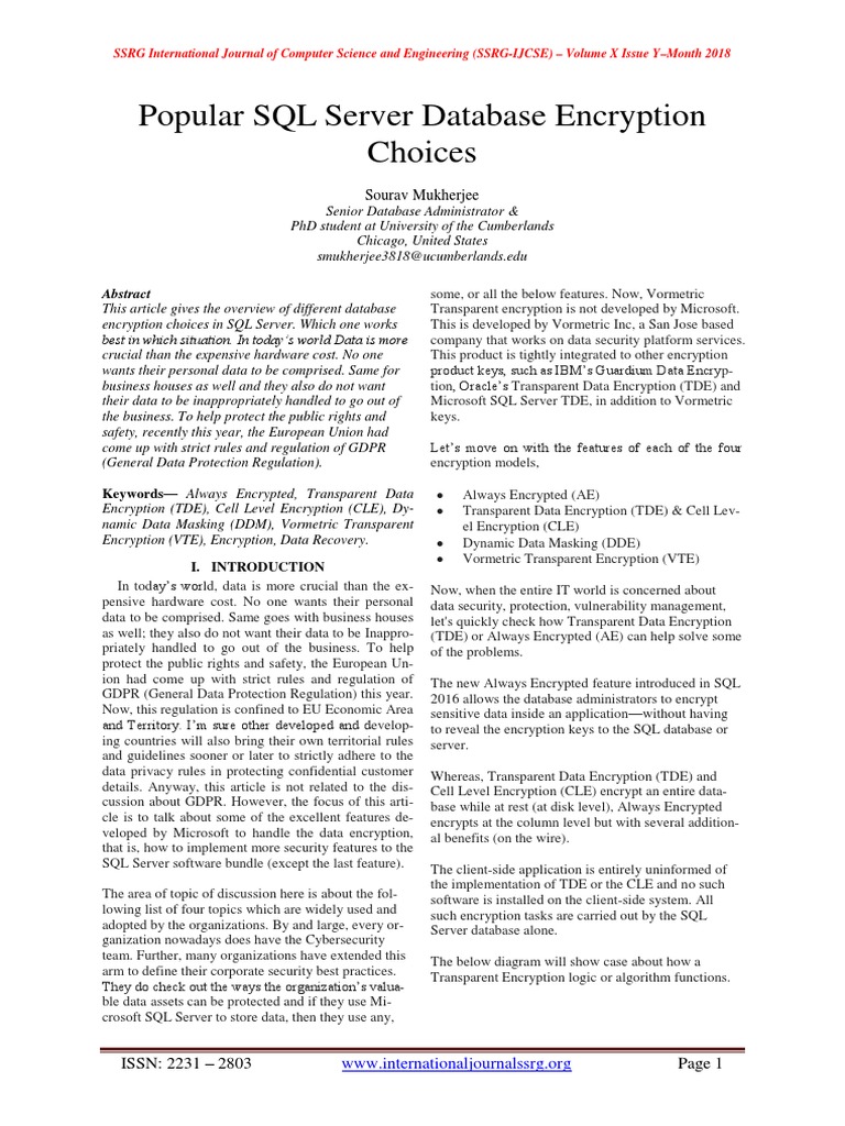 Popular SQL Server Database Encryption Choices: Sourav Mukherjee | PDF | Encryption | Databases