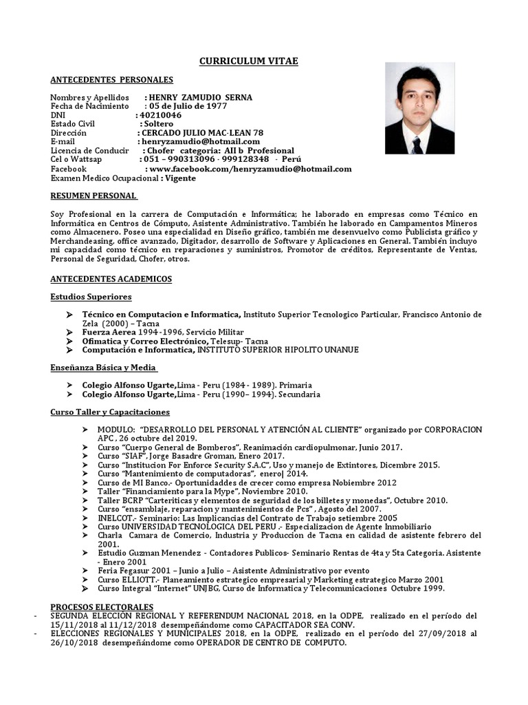 Curriculum Vitae Henry Zamudio Serna 2020 B Vigia | PDF | Informática | Business