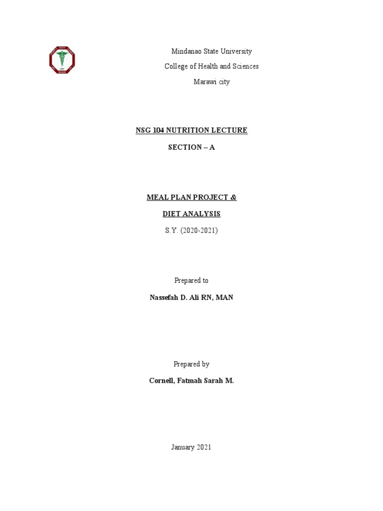Meal Project And Diet Analysis Pdf Dieting Lunch