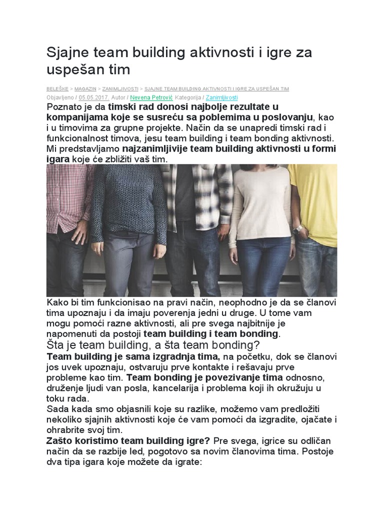 Sjajne Team Building Aktivnosti I Igre Za Uspešan Tim | PDF