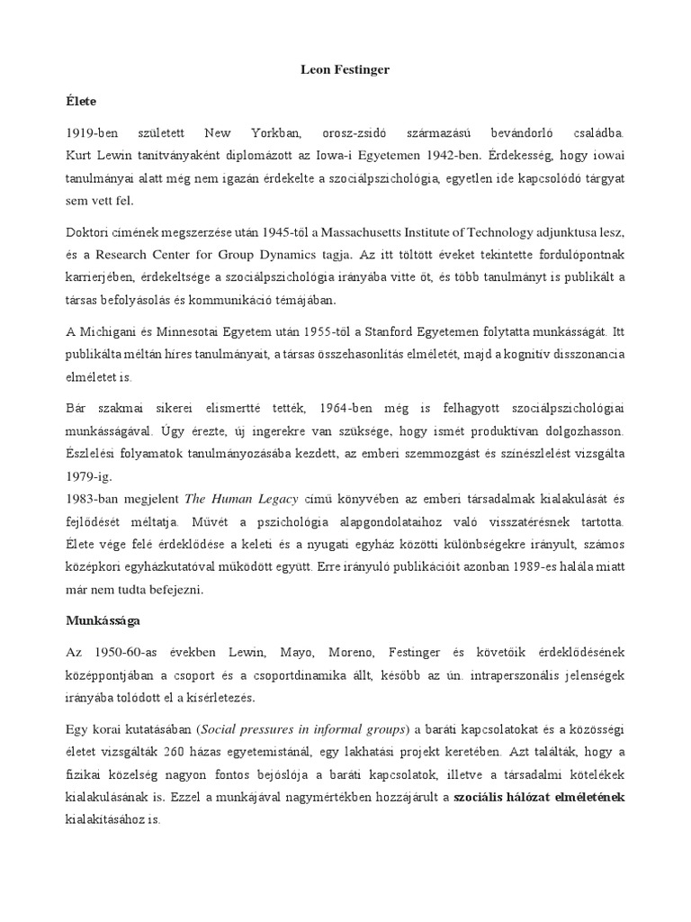 Leon Festinger Áttekintés | PDF