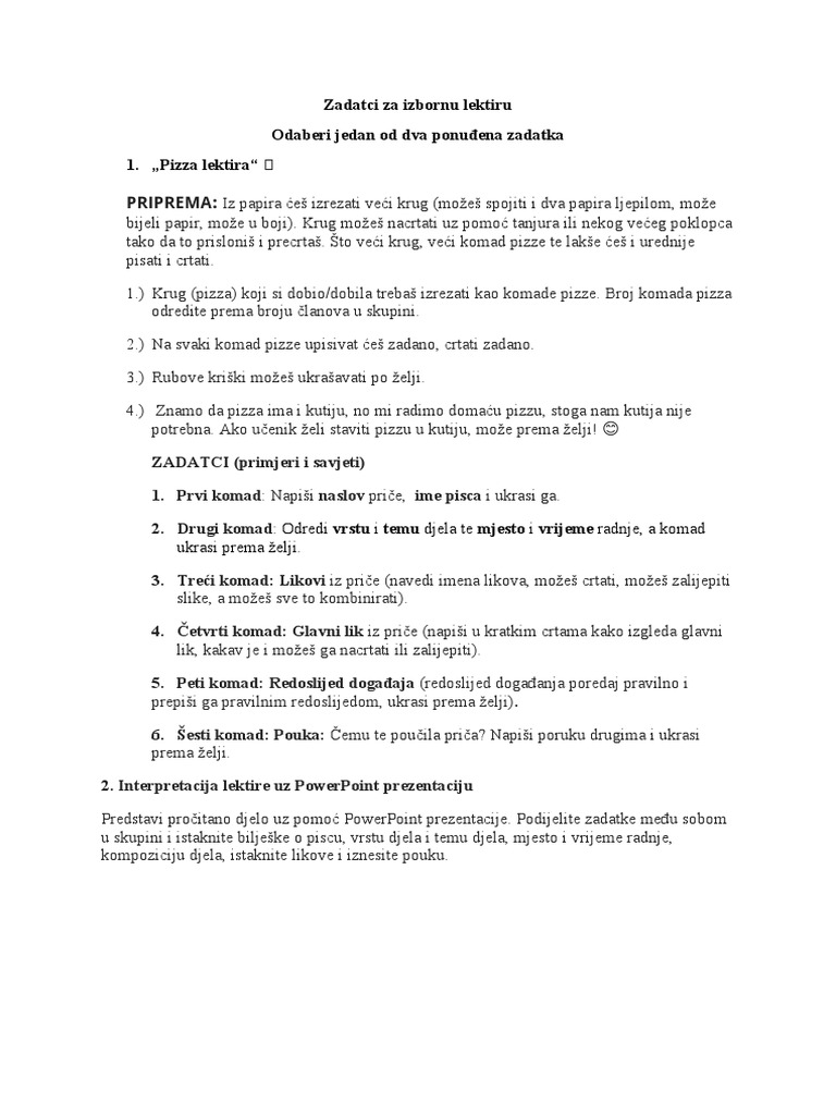 Zadatci Za Izbornu Lektiru | PDF