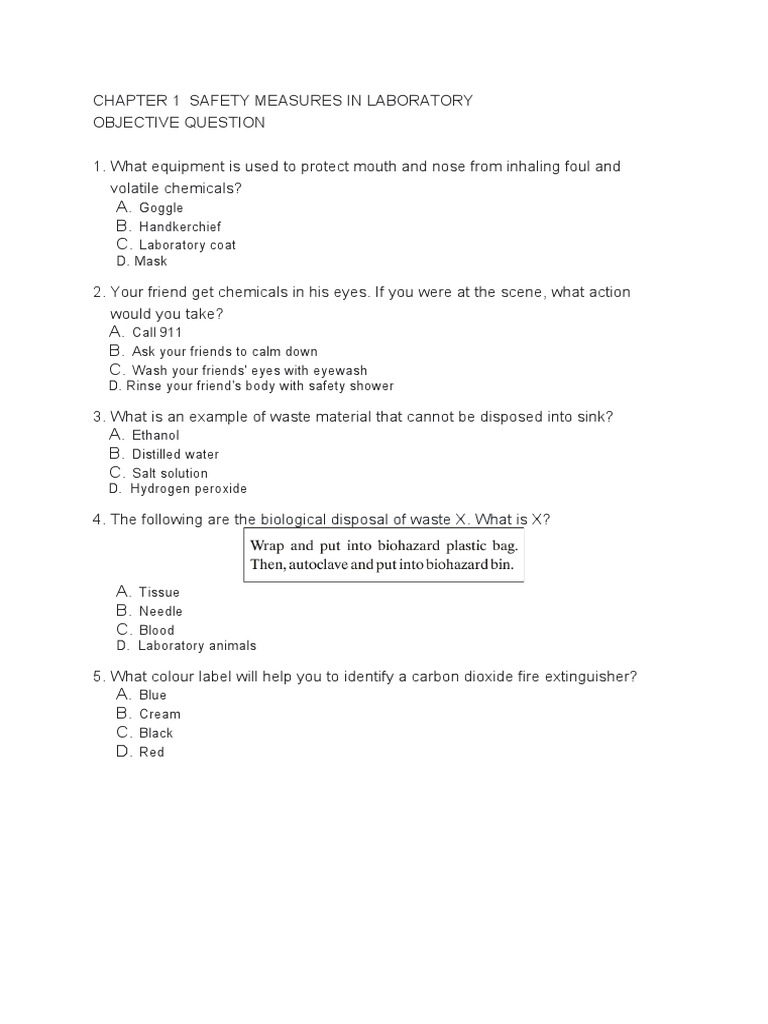 Chapter 1 Safety Measures in Laboratory (Obj) | PDF