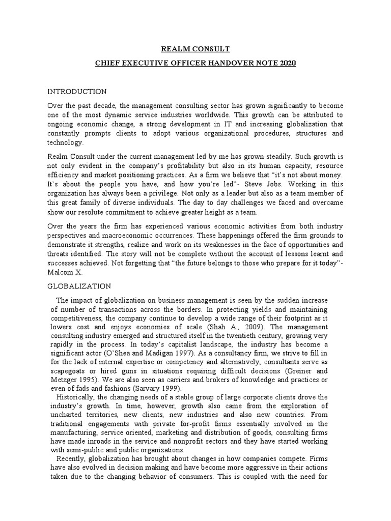 Ceo Handover Note | PDF | Mergers And Acquisitions | Consultant