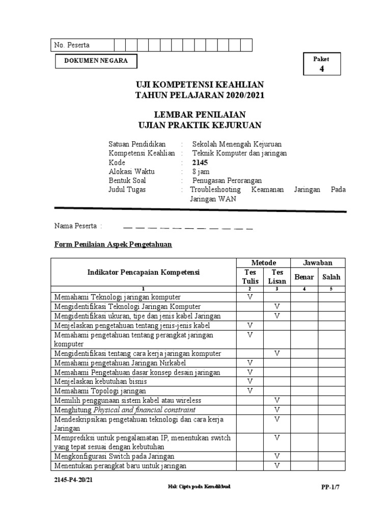 Lembar Penilaian Ukk TKJ 2021 | PDF