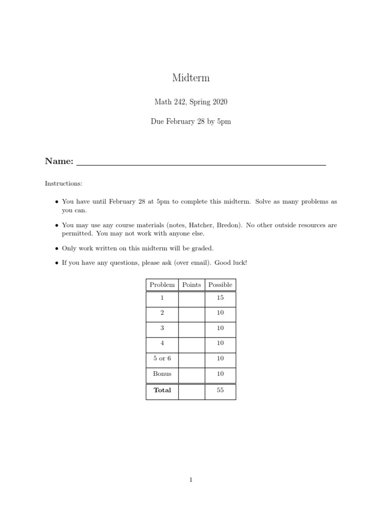 Math 242 Midterm - Spring 2020 This title accurately captures the key ...