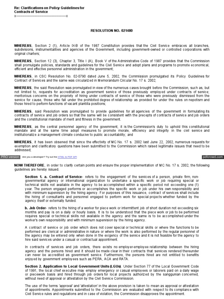 Contract of Service CSC | PDF