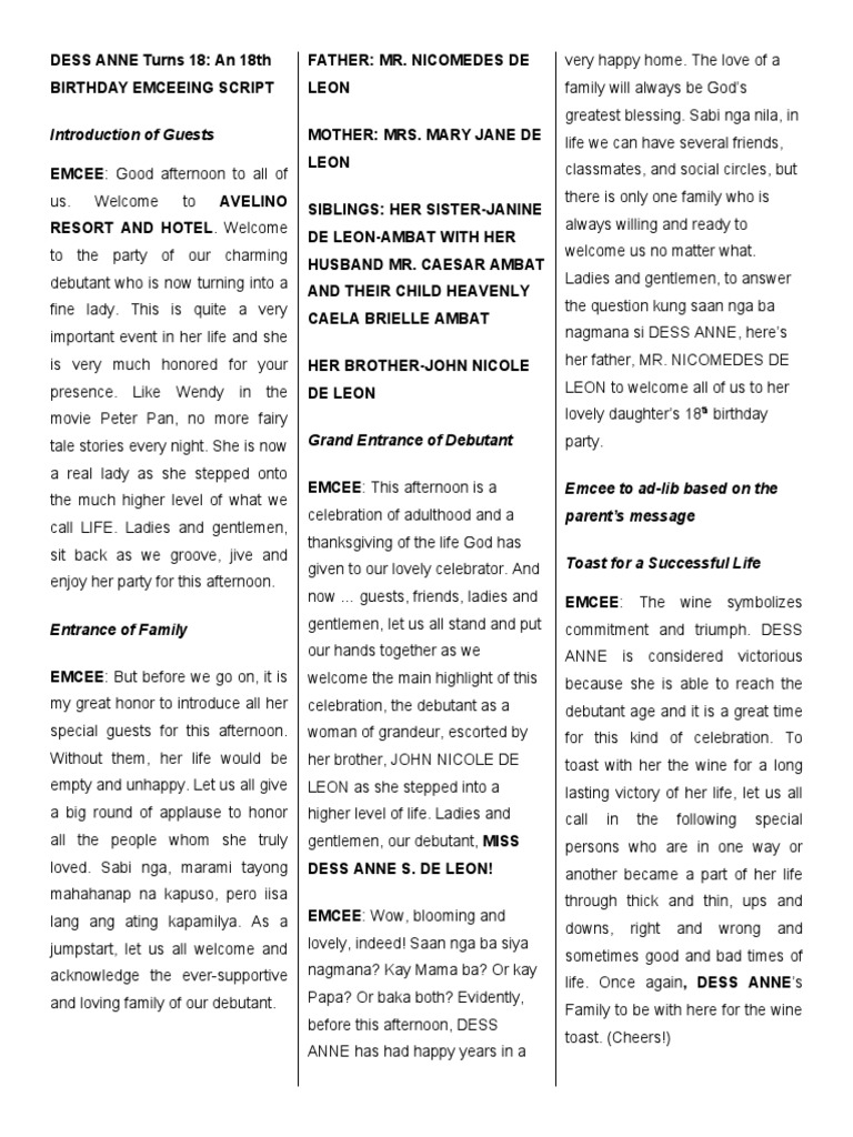 DESS ANNE's Debut Emceeing Script | PDF