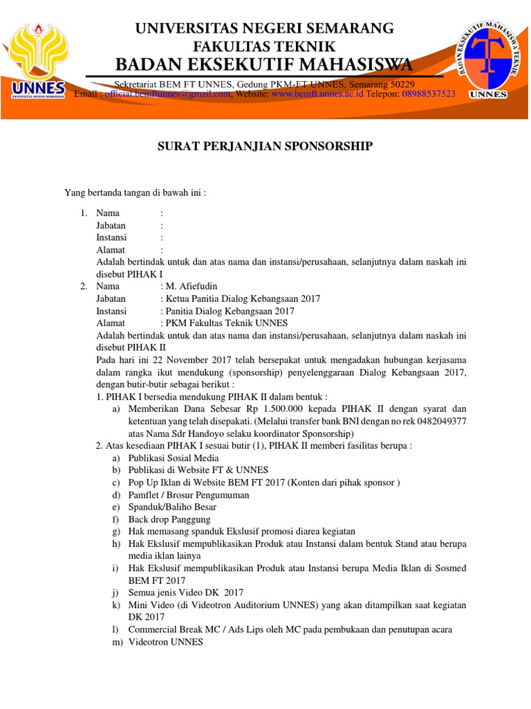 SURAT PERJANJIAN SPONSORSHIP (MOU) J& T | PDF