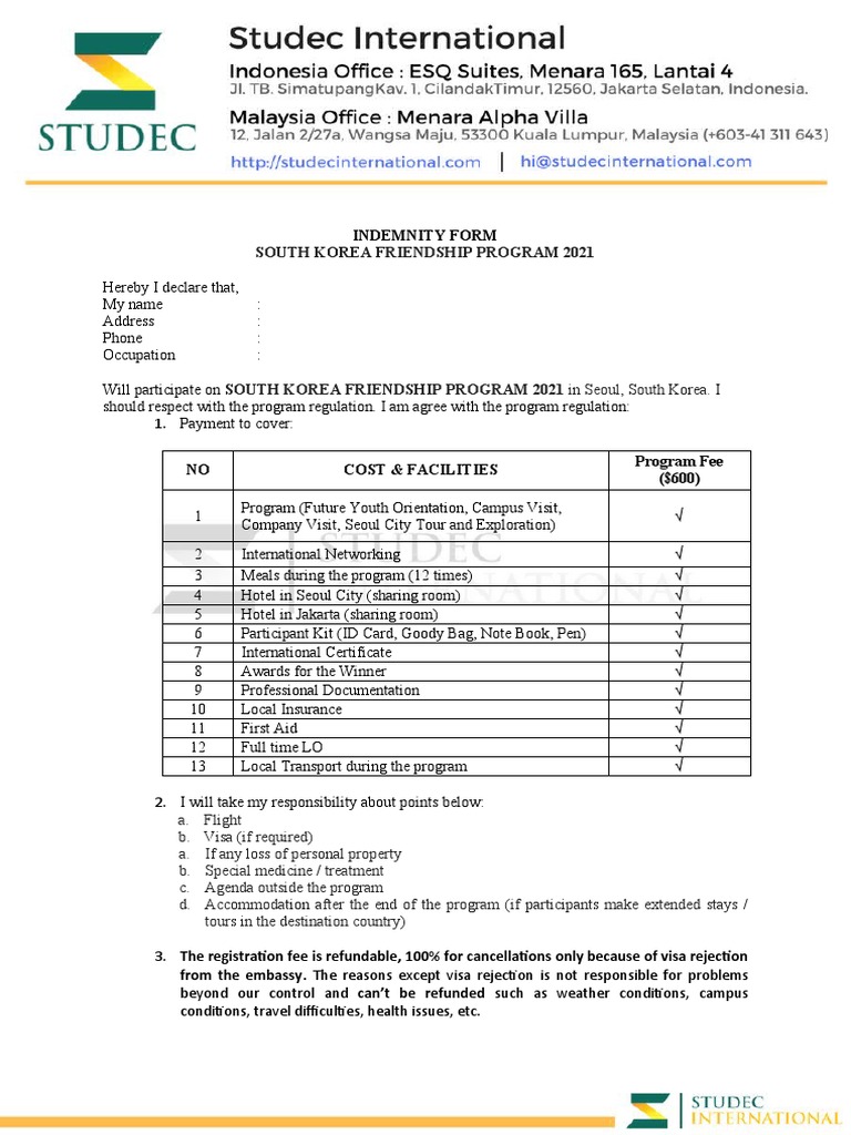 SKFP 2021 - Indemnity Form | PDF | Travel Visa | Business