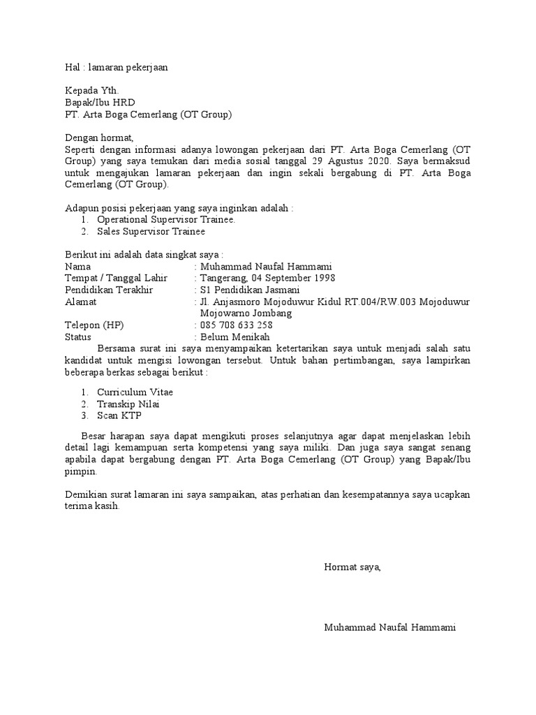 Surat Lamaran Sasa | PDF