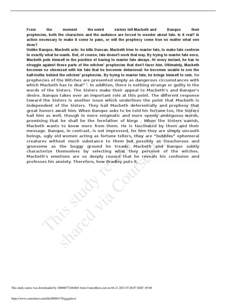 Macbeth's Struggle with Fate and Prophecy | PDF | Macbeth