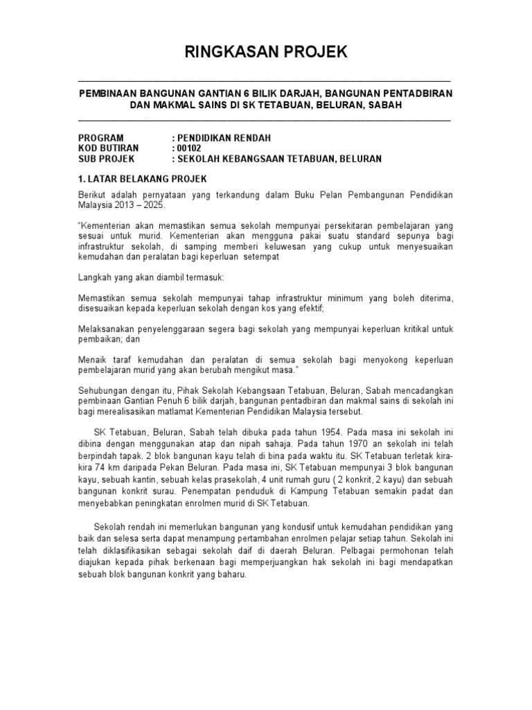 Ringkasan Projek SK Tetabuan Sabah - Gantian | PDF