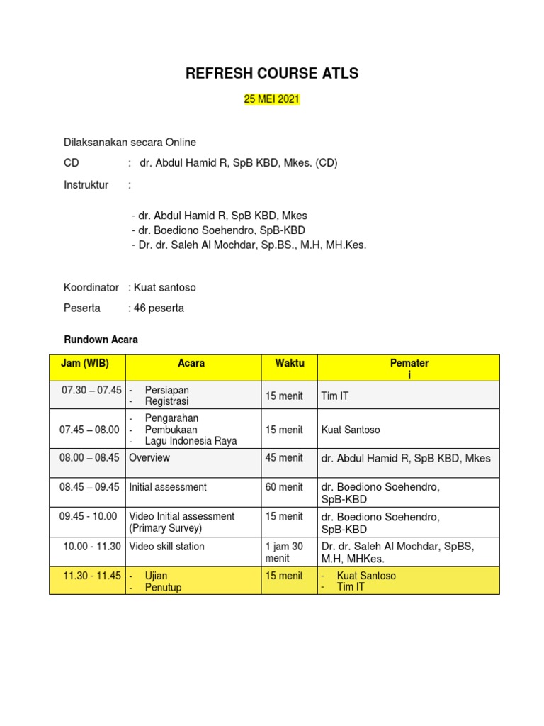 Jadwal Refresh Course Atls 25 Mei 2021 | PDF