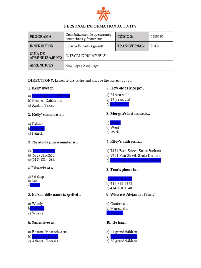 Personal Information - Listening Activity (Cotabilidad) Katy y Keny | PDF