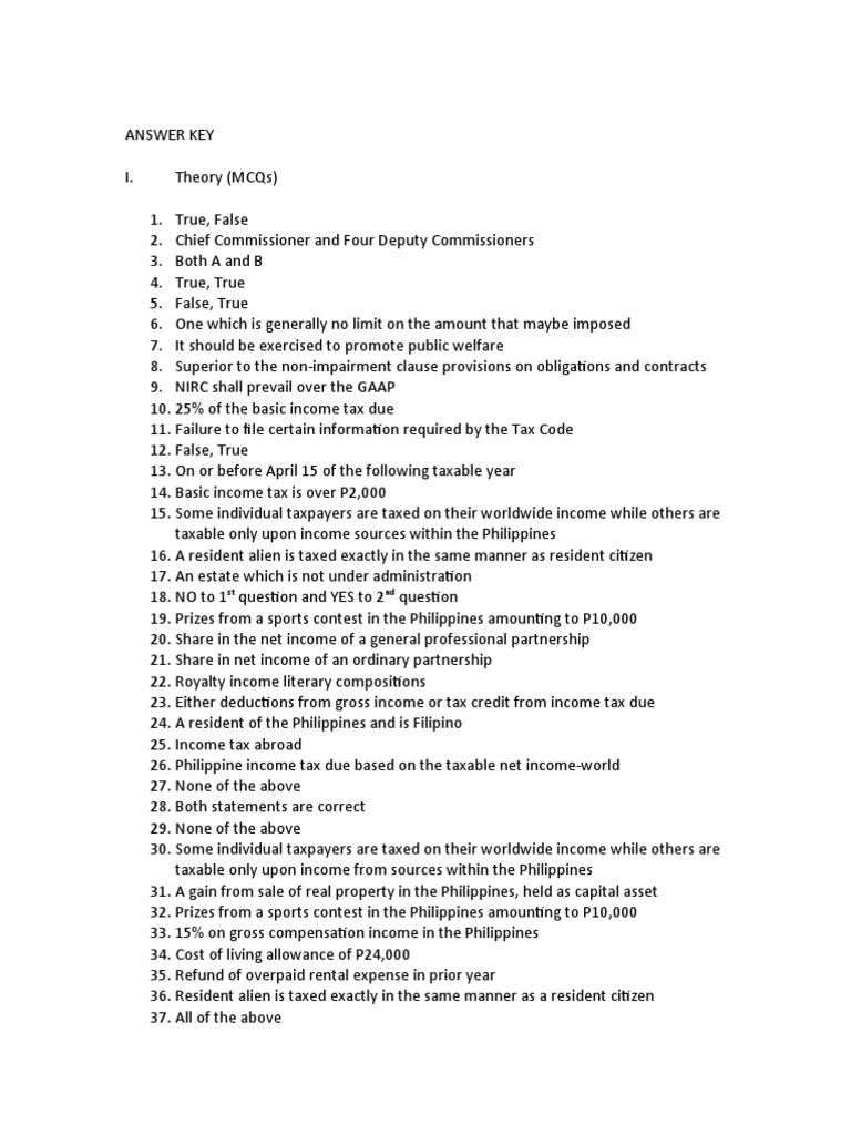 Answer Key To Quiz 1 INCOME TAX | PDF | Income Tax | Taxpayer