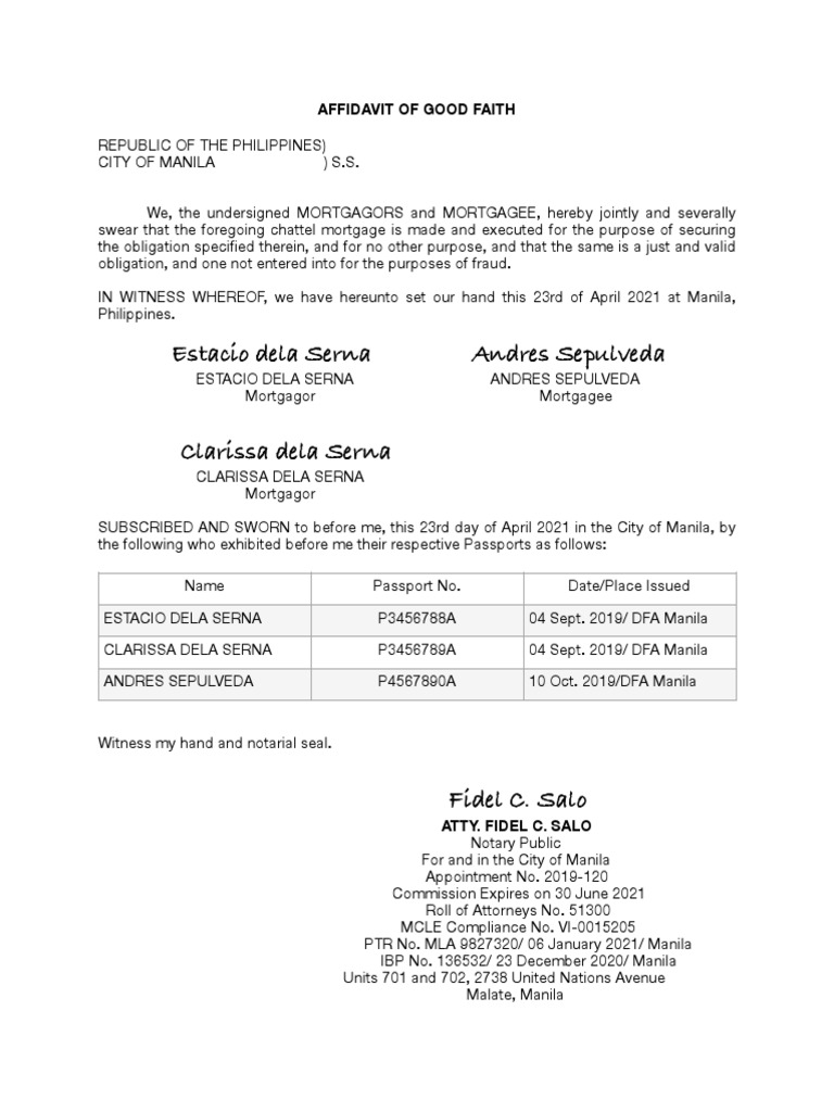 Affidavit of Good Faith | PDF | Mortgage Law | Contract Law