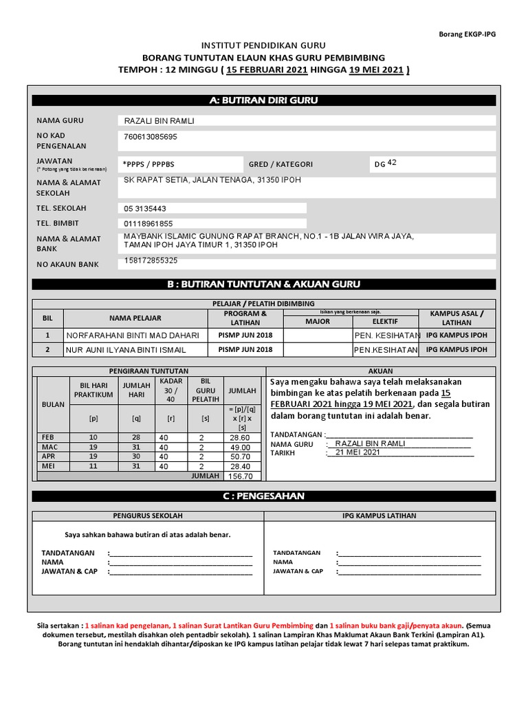 Borang Tuntutan Elaun Khas Guru Pembimbing Unit T ZALIE | PDF