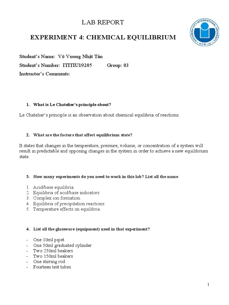 Experiment 4: Chemical Equilibrium: Lab Report | PDF | Chemical ...