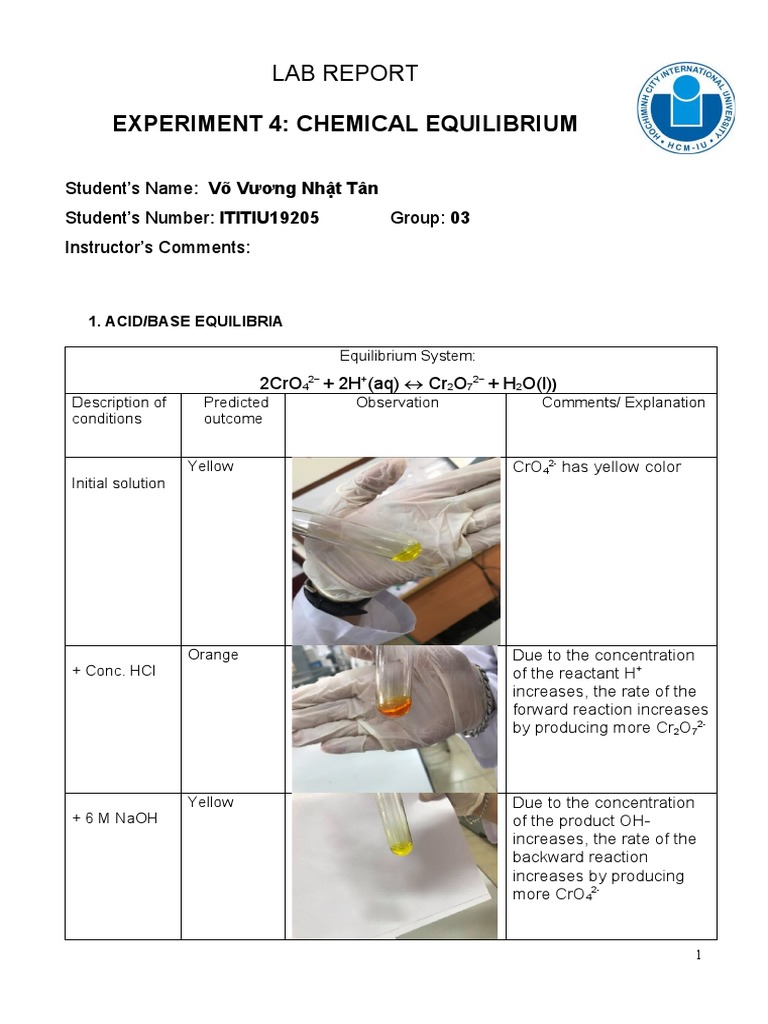 Experiment 4: Chemical Equilibrium: Lab Report | Download Free PDF ...