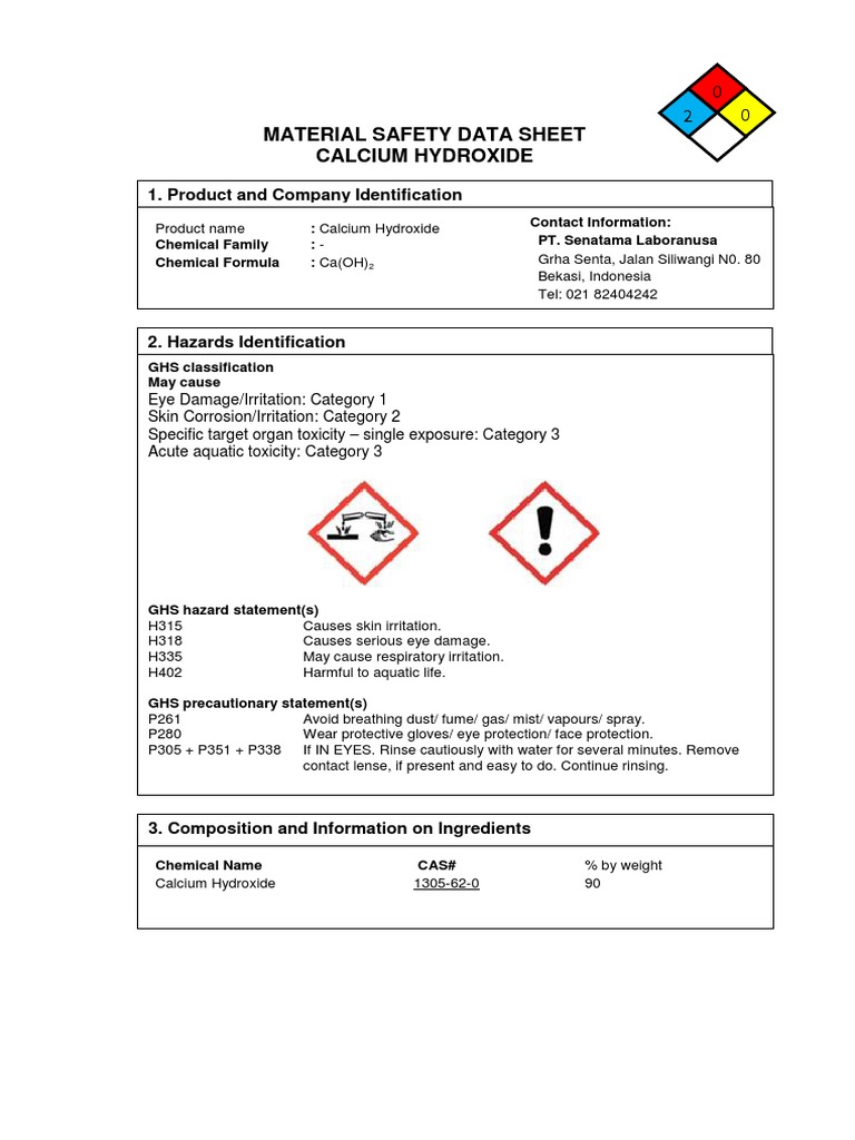MSDS Calcium Hydroxide | Download Free PDF | Toxicity | Ventilation ...