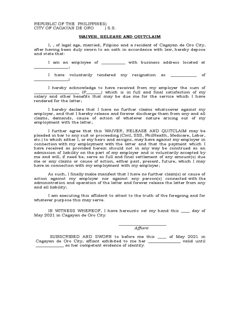 WAIVER, RELEASE AND QUITCLAIM Sample | PDF
