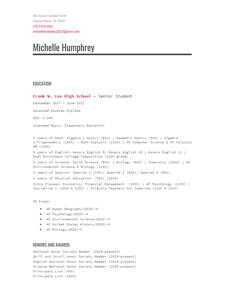Michelle Humphrey Resume 1 | PDF