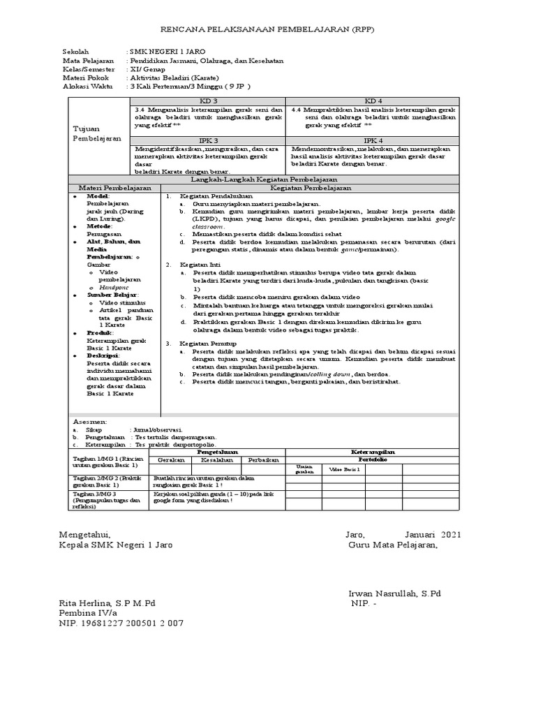 RPP PJOK SMKN 1 Jaro Kelas XI | PDF