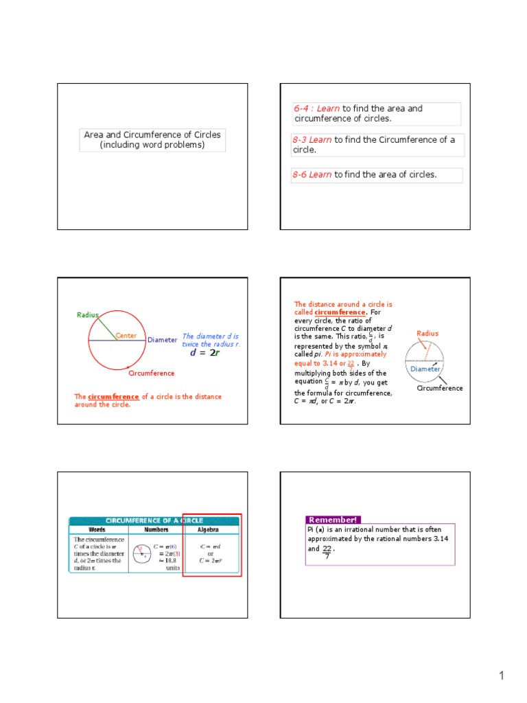 Circumference and Area of Circles Including Word Problems | PDF | Area ...