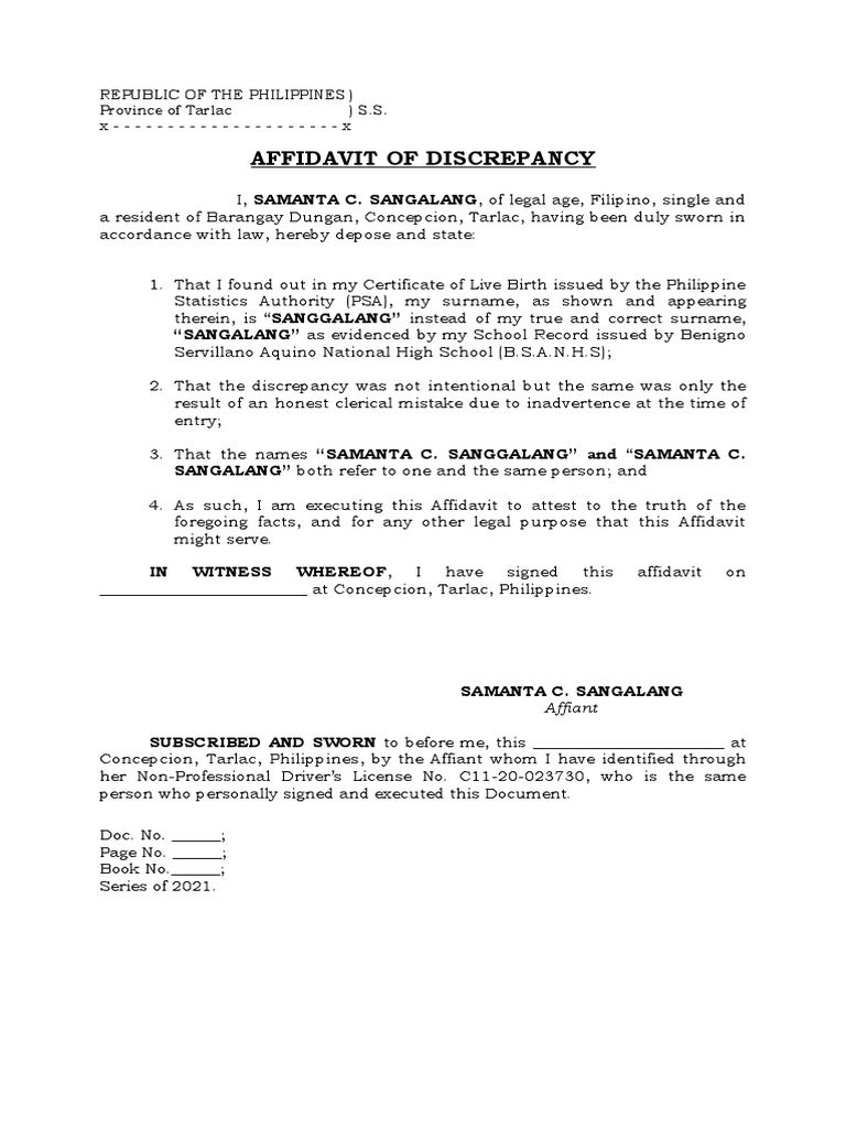 Surname - Affidavit of Discrepancy | PDF | Law